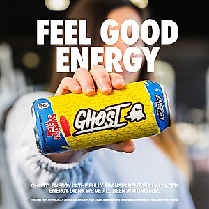 GHOST Energy Drink - 12-Pack, Swedish Fish, 16oz Cans - Energy & Focus & No Artificial Colors - 200mg of Natural Caffeine, L-Carnitine & Taurine - Gluten-Free & Vegan