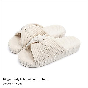 Chantomoo Slippers for Women Memory Foam House Bedroom Corduroy Bow Crossbands Slide Slipper Shoes Comfy Trendy Gift Slippers Beige Size7 8 6..5