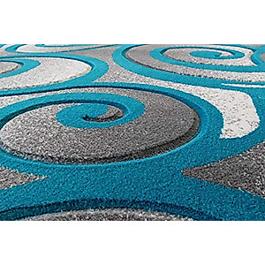 Masada Rugs, Grey White Turquoise Modern Woven Area Rug, Hand Carved (8 Feet X 10 Feet, Turquoise)
