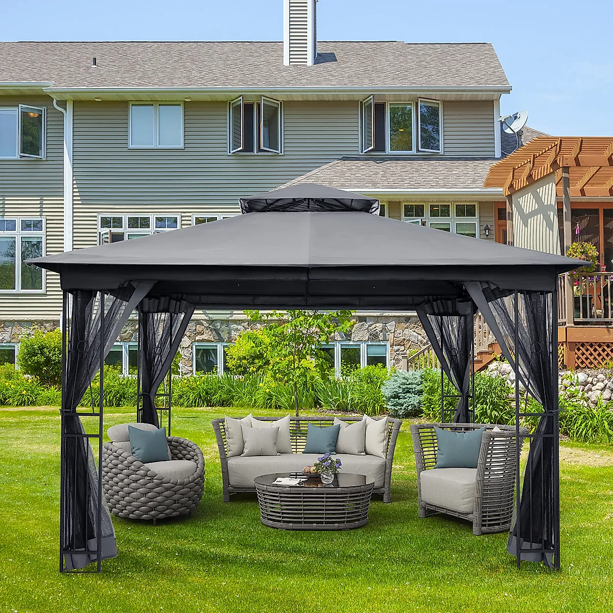 HAPPATIO 10' X 12' Patio Gazebo with Ventilation Double Roof，Outdoor Gazebo with Mosquito Netting for Lawn, Garden (Grey)