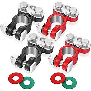 Tallew 4 Pieces Battery Terminals Connector 2 Packs Zinc Plated Car Battery Cable Terminal Connector Top Terminal 2 Pairs Anti Corrosion Terminal Washer Fiber (Black, Red)