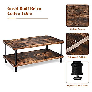 Giantex Retro Coffee Table W/Thick Tabletop, Industrial Steel Pipe Legs & 2-Tier Storage Shelf Accent Table for Living Room, Reception Room, Easy Assembly Center Table, Rustic Brown