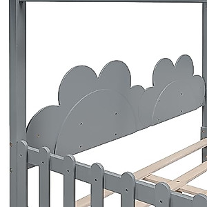 Aiuyesuo Twin Size Platform Bed with Windmill Roof and Flower Decor Headboard, Solid Wood Platform Bed Frame with Desk and 2 Handles, Fairytale-Like House Bed for Kids Teens Adults (Gray-TT78)