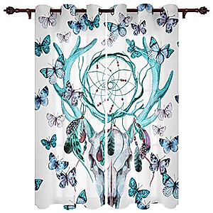 Big buy store Blackout Curtains Panels Butterfly Deer Skeleton Thermal Insulated Grommet Window Curtains Blue Room Darkening Curtain Drapes for Bedroom & Living Room 52inches W x 84inches L