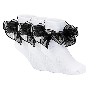 Zando Girls White Ruffle Socks Big Double Lace Turn Cuff Dress Socks Girl Ruffle White Socks Cute Lace Socks for Girls 6-8 Frilly Ankle Dress Sock 3/Black 5-7 Years