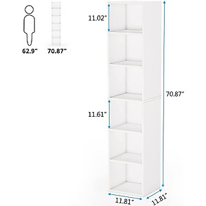 Unknown1 70.9 Inch Tall Narrow Bookcace 6 Tier Open Bookshelf White Classic MDF Glossy