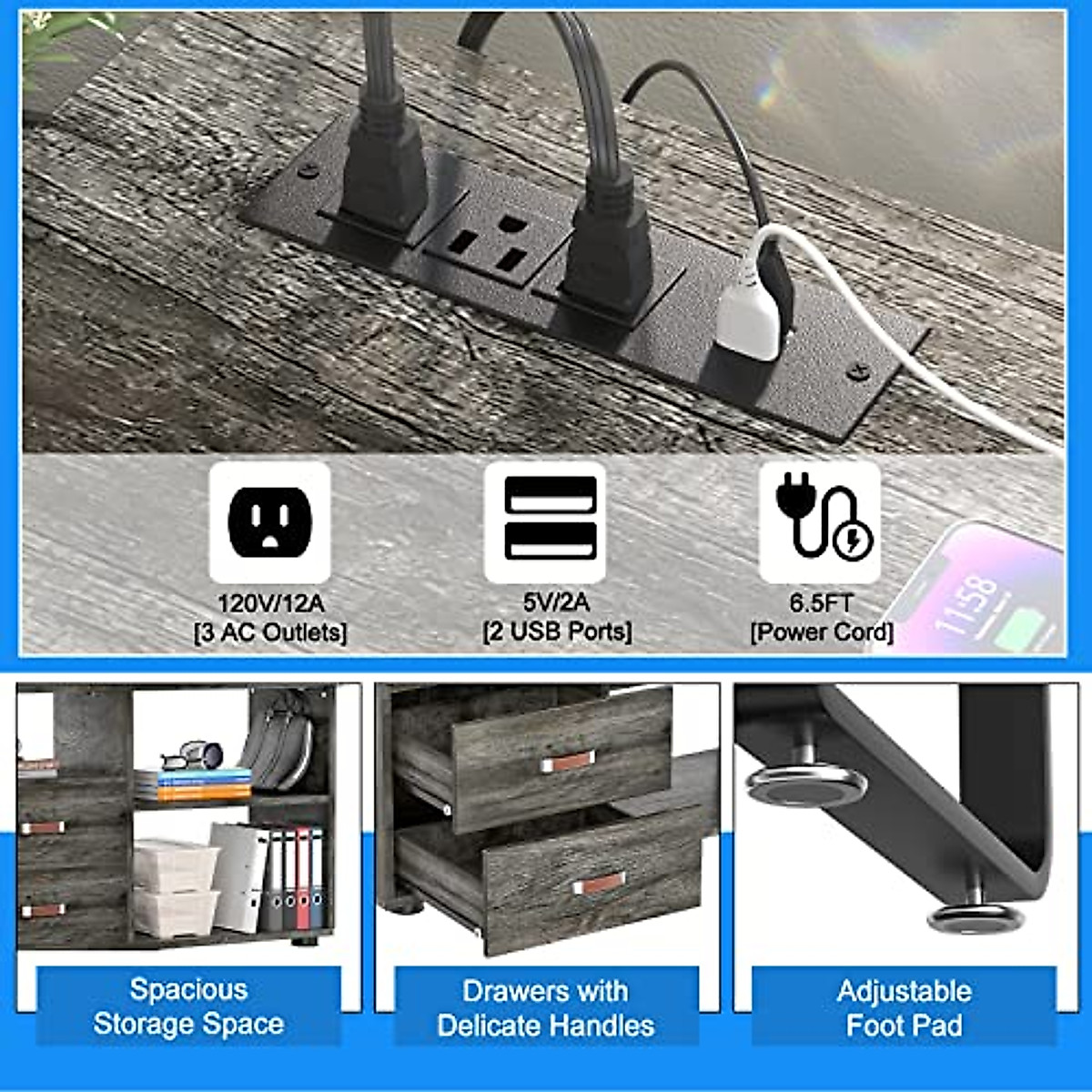 Homieasy L Shaped Desk with File Cabinet & Power Outlet, Reversible 55 Inch Large Corner Computer Desks with LED Strip, L-Shaped Computer Desk with Drawers and Storage Shelves for Home Office, Grey