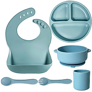 6pcs Baby Weaning Supplies, Silicone Baby Feeding Set, Suction Cup Divider with Suction Cup Adjustable Bib Soft Spoon Fork, Baby Self-Feeder Toddler Dinnerware Cutlery 6pack (Blue)