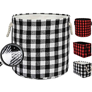 Xingte Durable Round Laundry Basket Foldable Storage Baskets Home Organization Containers Buffalo Checked with Rope Handles, White Black Grid, L