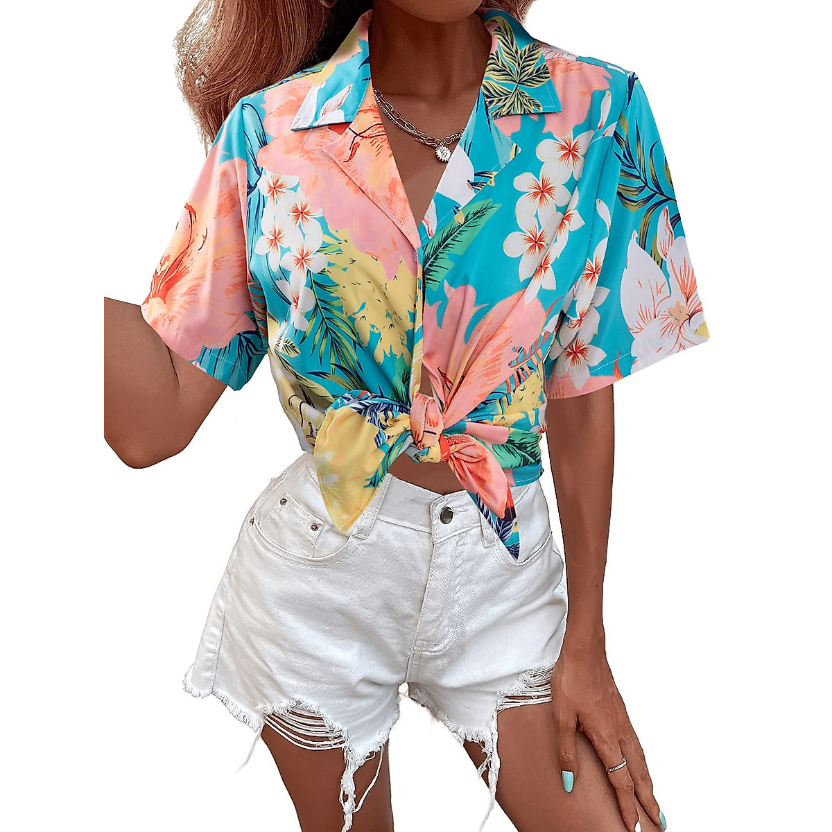 Hawaiian Shirts for Women Soft Cool Summer Hawaiian Shirt Floral Tropic Print Tees V Neck Button Up Short Sleeve Top Pink Blue