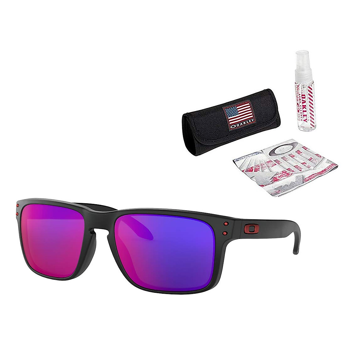 Oakley Holbrook Sunglasses (Matte Black Frame / Positive Red Iridium Lens) with USA Flag Lens Cleaning Kit