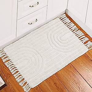 LEEVAN Boho Bathroom [Rug]s 2'x3' Handmade Washable Beige Bath Mat with Tassels Bohemian [Kitchen] Runner Farmhouse Cotton Entryway [Rug] for Bedroom/Laundry Room Accent Woven Throw [Rug]