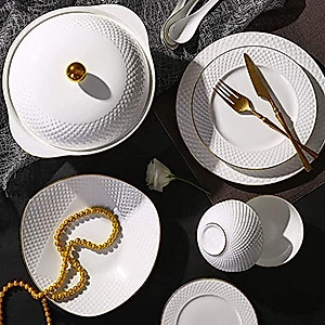 GagalU Plate Set –Ceramics Dinner Sets Ceramics Dinnerware Set,Bowl/Dish/Soup Pot/Spoon|Dinner Sets,White Embossed Gold Rim Pattern Porcelain Combination Set,49pieces