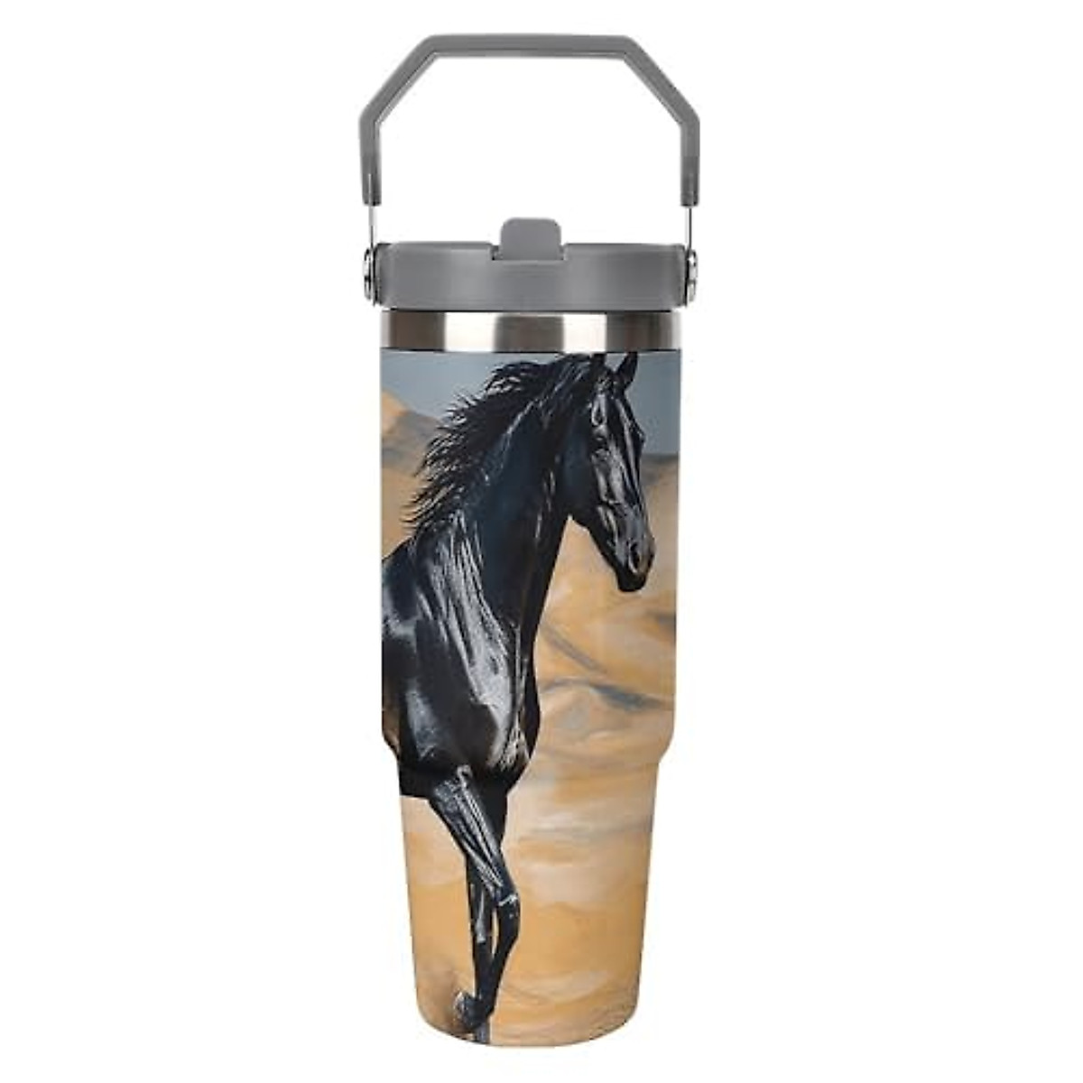 WITHSBKK 30oz Car Cup Black Arabian Horse Printed with Portable, Stainless Steel Travel Mug, Vacuum Insulated Tumbler And Straw, Leakproof for Car & Outdoor, UV Printed Design