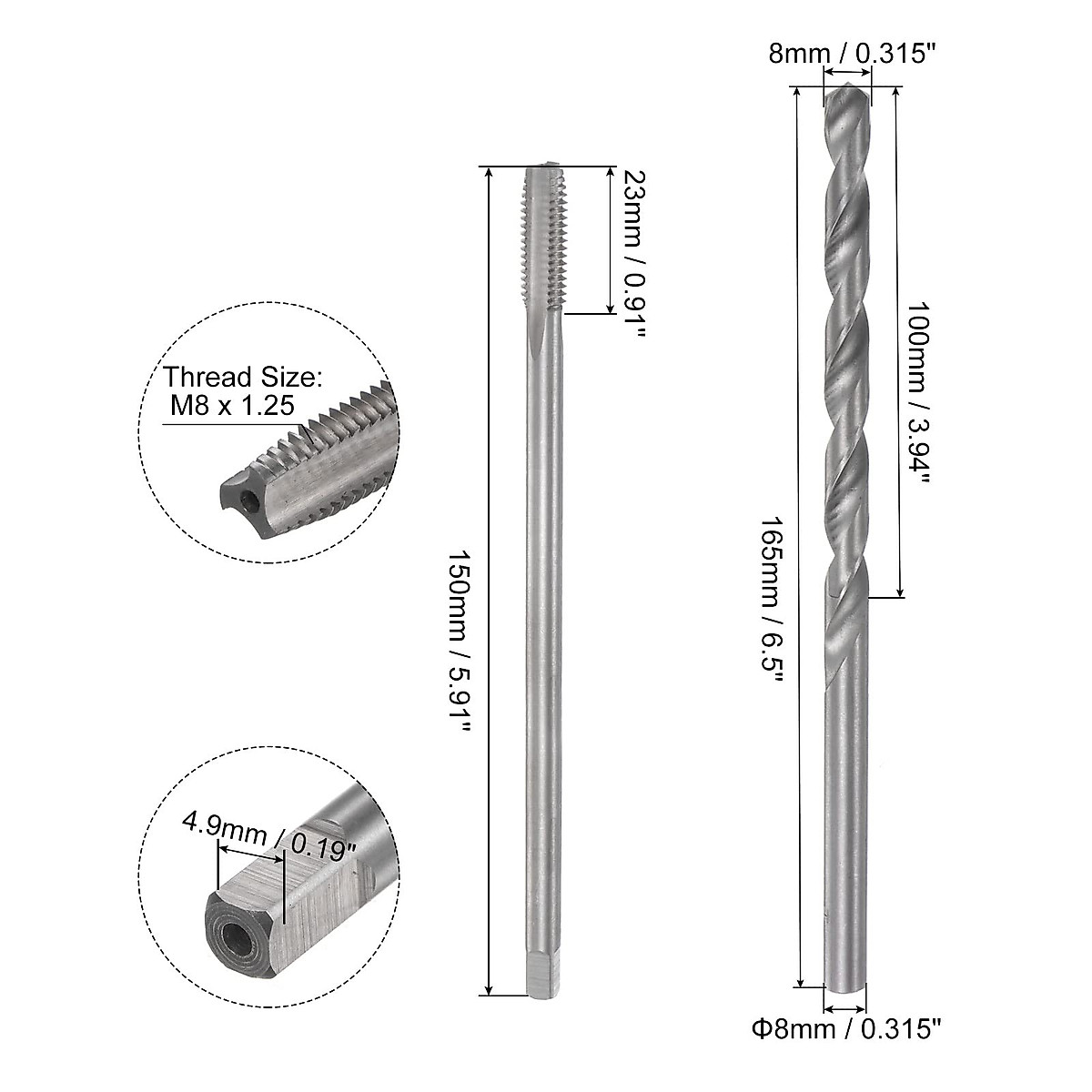 uxcell Tap & Bit Sets, M8 x 1.25 H2 Straight Flute Machine Thread Milling Tap 150mm Extra Long, 8mm High Speed Steel (HSS) Twist Drill Bit