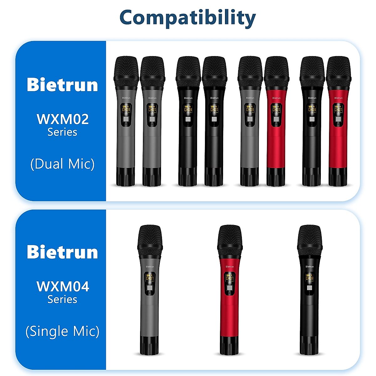 Bietrun UHF Receiver Wireless Microphone WXM02 / WXM04, with 720mAh Rechargeable Battery, 160 ft Working Range, 1/4" Output for for Karaoke Machine/PA Speakers System/Mixer