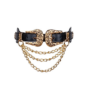 Dubulle Womens Belt Decoration Chain Black Leather Elastic Hidden Buckle Business Date Gift