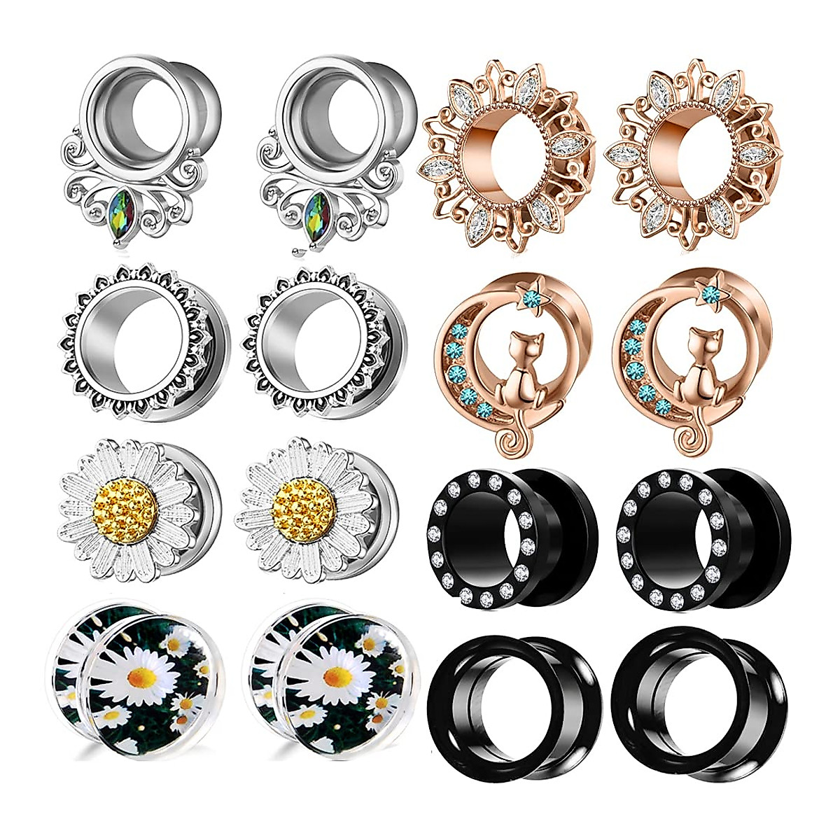 8 Pairs Ear Tunnels Gauges For Women Black Internally Flare Earrings Plugs Gauges For Ear Stainless Steel Plug Tunnel Piercing Stretcher Kit Rhinestone Flower Drop 10mm 00g