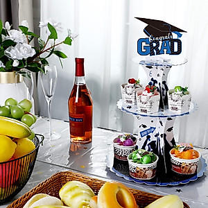 Nuenen 2 Pieces Graduation Cupcake Stand 3 Tier Black Graduation Cupcake Holder 2024 Congrats Grad Cupcake Holder Dessert Tower for Graduation Party Decorations Supplies Favors (Blue)