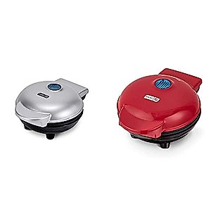 Dash DMS001SL Mini Maker Electric Round Griddle + Included Recipe Book, Silver & Mini Maker Portable Grill Machine + Panini Press with Recipe Guide - Red