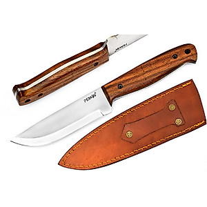 Perkin Fixed Blade Hunting Knife Full Tang with Leather Sheath, Solid & Sharp Blade Outdoor Survival Hunting Knife, Comfortable N Wood Handle Bushcraft Knife Camping Knife for Men and Women BUSH9.5