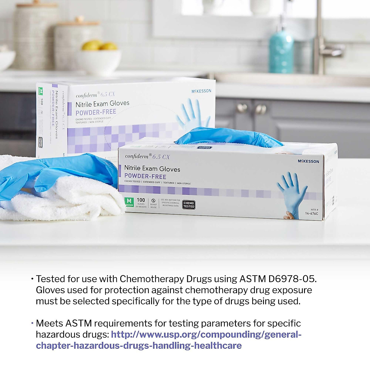 McKesson Confiderm 6.5CX Nitrile Exam Gloves - Powder-Free, Latex-Free, Ambidextrous, Texture, Chemo Tested, Light Blue, Extended Cuff, Size Medium, 100 Count, 10 Boxes, 1000 Total