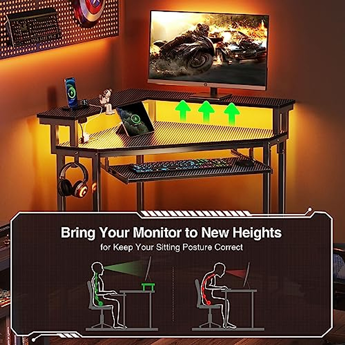 Rolanstar Corner Desk, 44.5" W x 34.5" H Small Carbon Fiber Computer Desk with Power Outlets, LED Lights and Keyboard Tray, Small Office Computer Desk with Monitor Stand for Small Space, Carbon Black