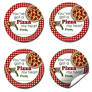 Piece Of My Heart Pizza-Themed Valentine Party Favor Sticker Labels, 40 2" Party Circle Stickers by AmandaCreation, Great for Classroom Valentines, Envelope Seals, Gifts & Treats