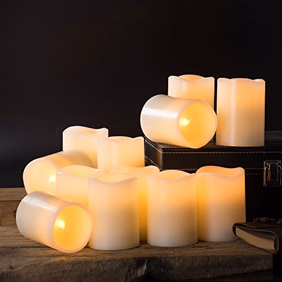 Enpornk Set of 12 Flameless Candles Battery Operated LED Pillar Real Wax Electric Unscented Fake Candles with Remote Control Cycling 24 Hours Timer, Ivory Color (D:3" x H:4")