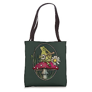 Cottagecore Aesthetic Cute Frog on Mushroom Playing Banjo Tote Bag