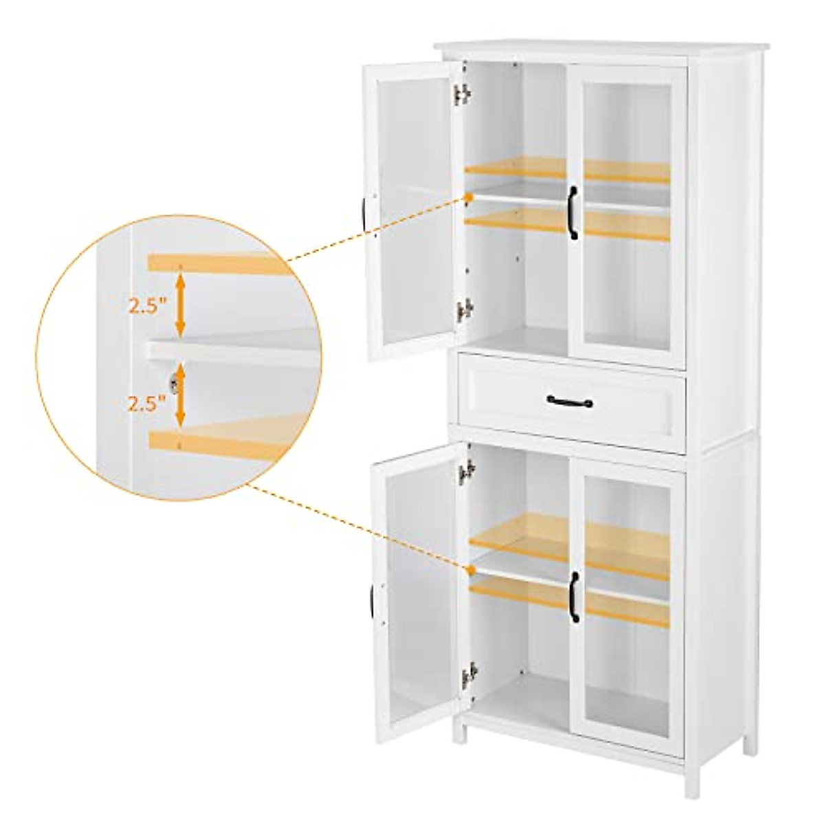 Karl home 4-Tier Bookcase Storage Cabinet, Freestanding Bookshelf with 4 Acrylic Doors 1 Drawer, Kitchen Pantry Bathroom Cabinet for Office Bedroom Dining Living Room, White 29.13" Lx13.78 Wx70.87 H