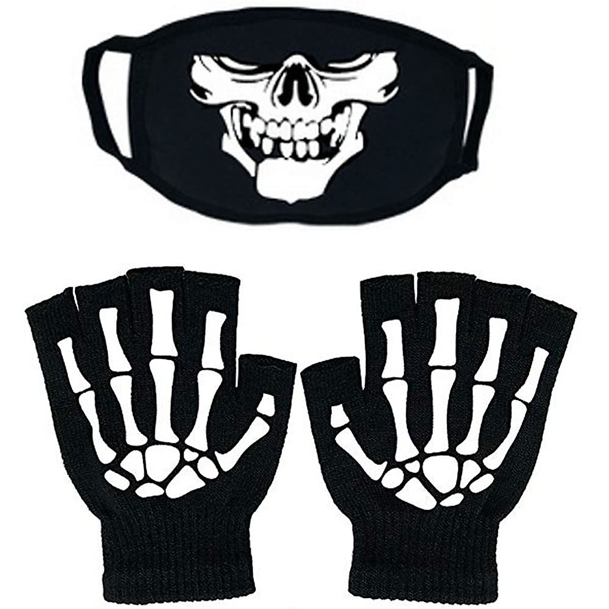 BOMJJOR Fingerless Skeleton Gloves and Skull Mask for Men Women Glow in Dark Facemask Riding Knit Gloves Face Mask Glove Set (Glove and Mask)