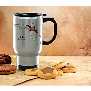 Florida In God We Trust Gifts and Souvenirs - Travel Mug with Handle and Lid - Florida Graduation Unique Drinkware - 14oz Travel Mug Steel - Best USA State Motto & Flag Gifts