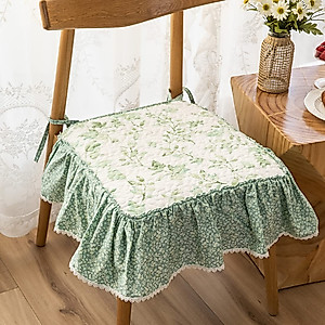 vctops Boho Ruffles Printed Chair Cushion with Ties Super Soft Cotton Kitchen Dining Chair Pad Leaf Pattern Non Slip Seat Cushion (Light Green,18"x18")
