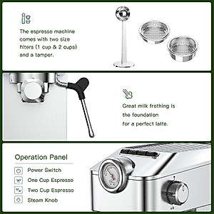 MR MIRYE Espresso Machine, 20 Bar Stainless Steel Espresso Maker Silver Coffee Machine for Home or Office With Removable Water Tank, Measuring Spoon, Brewing Filter, Milk Cup, Milk Frother Steam Wand