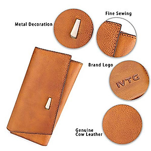 Genuine Leather Wallet RFID Blocking Women Long Purse Vintage Cowhide Handmade Card Holder Organizer (Brown)