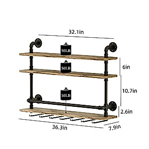 HKaikzo 36” L Industrial Pipe Shelves 3 Tier Hanging Wine Rack Wall Mounted, with 6 Stem Glass Holder Kitchen/Living Room/Home Wood Floating Wall Shelf