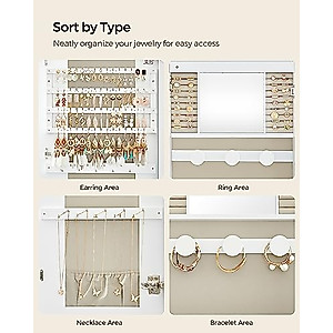 SONGMICS Jewelry Organizer, LED Jewelry Cabinet Wall/Door Mounted, Lockable Rounded Wide Mirror with Storage, Interior Mirror, 3.9 x 16.5 x 42.5 Inches, White Surface with Greige Lining UJJC026W01