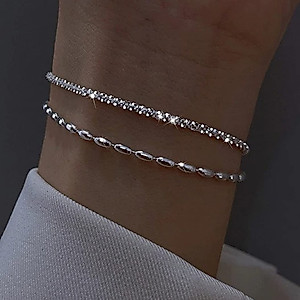 JECOMY Silver Bracelets for Women Dainty Silver Plated Chain Bracelet Shiny Twisted Rope Chains Bracelets Box Chain Bracelet Herringbone silver Chain Bracelet Trendy Handmade Jewelry Gift
