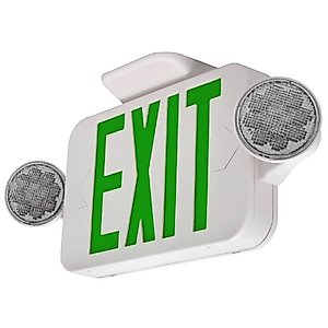 LFI Lights | Combo Green Exit Sign with Emergency Lights | White Housing | All LED | Two Adjustable Round Heads | Hardwired with Battery Backup | UL Listed | (2 Pack) | COMBOJR2-G