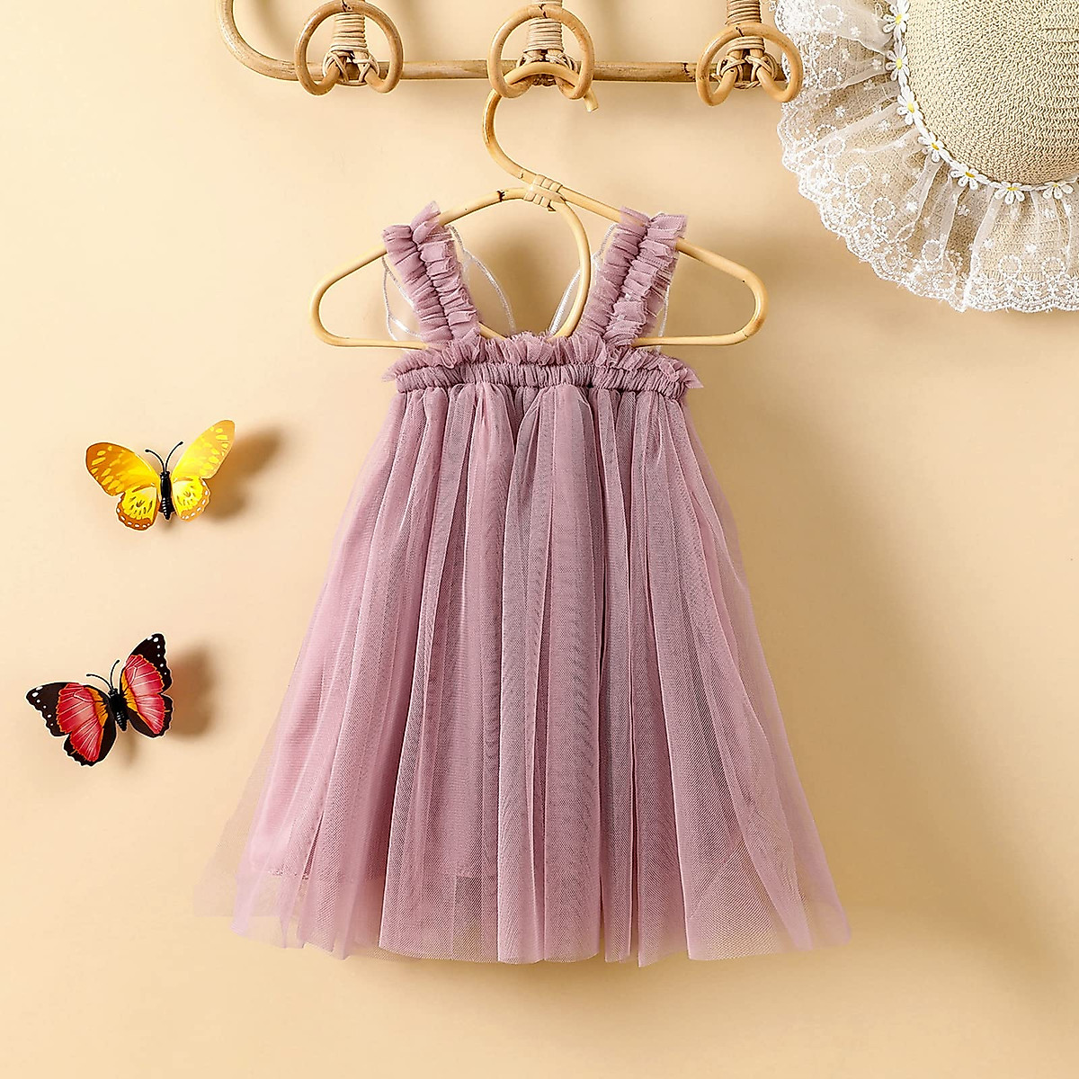 Toddler Baby Girls Princess Butterfly Wings Fairy Dresses Layered Sleeveless Tulle Tutu Dress Birthday Party Casual Outfit (Pink, 18-24 Months)