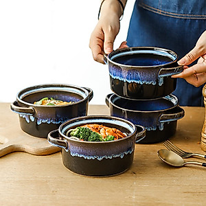 KOOV Porcelain Soup Bowls With Handles Microwave Safe, Soup Bowls Large, 24 Ounce for Soup, Cereal, Stew, French Onion Soup Bowls, Reactive Glaze Set of 4 (Nebula Blue)