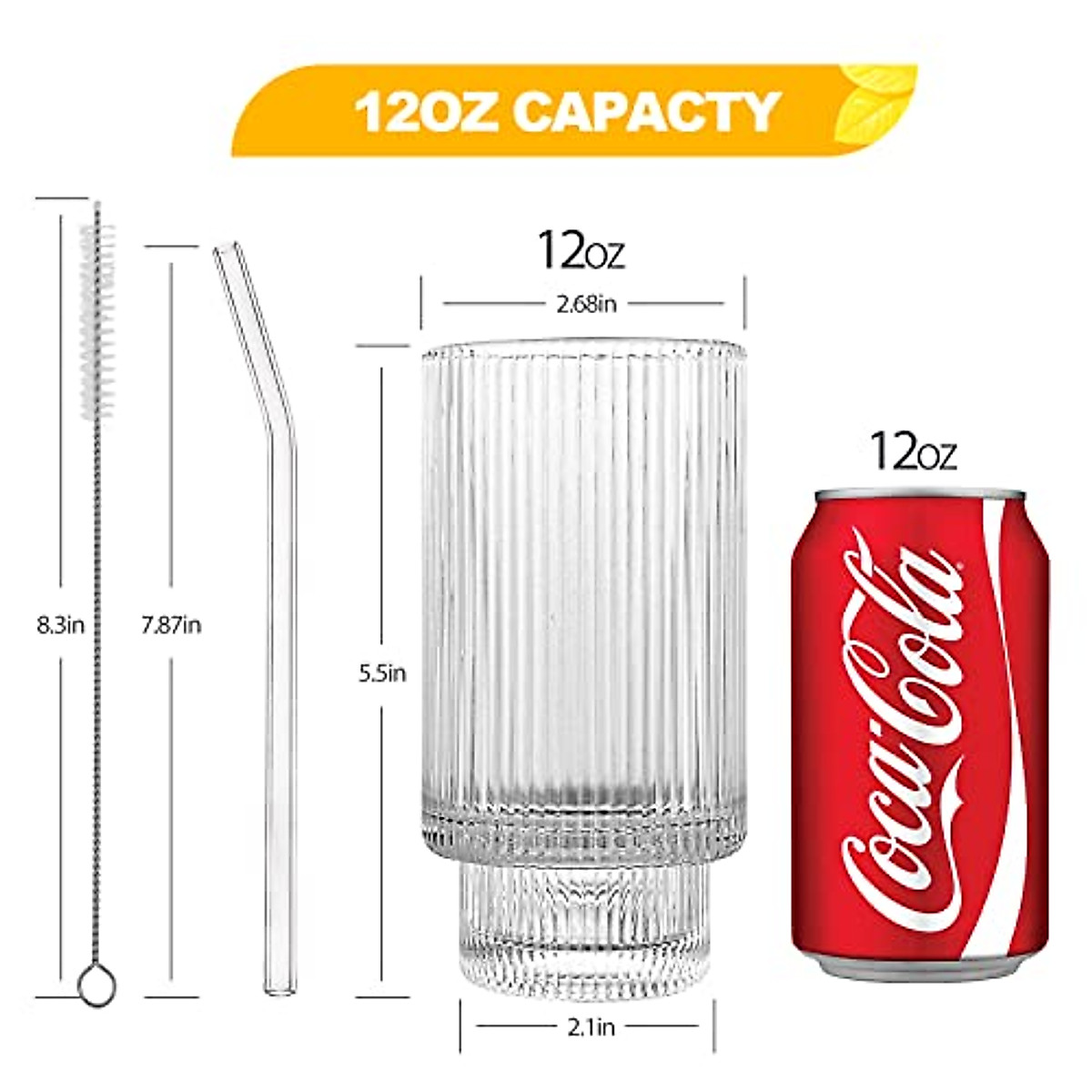 Aofmee Ribbed Drinking Glasses, Ribbed Glass Cups 12 oz, Ribbed Glassware Set of 4, Tall Glasses for Drinks Iced Tea Latte Smoothie Juice, Stackable Dinner Glass with Straw, Fluted Glassware