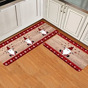 KITHOME Gnome Christmas Kitchen Mats Sets 2 Piece,Xmas Happy Gnome Snowflake Rustic Wooden Grain Kitchen Rugs and Mats Non-Slip Washable Runner Carpets for Christmas Decorations, 20" x 24"+20" x 48"