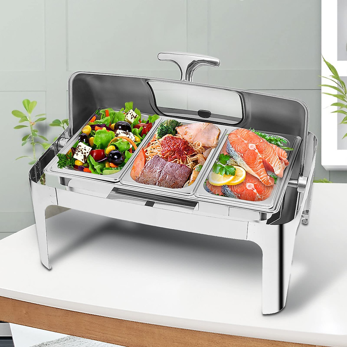 Chafing Dish Buffet Server, Food Warmers Roll Top Chaffing Server with 3 Pans Food Warmers with Alcohol Stove Food Trays for Catering Party buffet