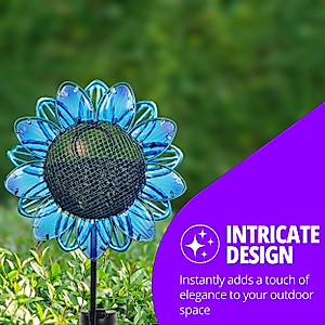 Exhart Garden Solar Lights, Sunflower Garden Stake with Mesh Bird Seed Feeder, 9 LEDs, Glass and Metal Outdoor Decoration, Blue, 11 x 3.5 x 36.5 Inch