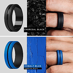 ThunderFit Silicone Wedding Rings for Men, Brushed Top Middle Engraved Line Rubber Engagement Bands 8.2mm Wide 2.5mm Thick - 1/4/6/7 Variety Multipack (Pack N - Size 10.5-11 (20.60mm))