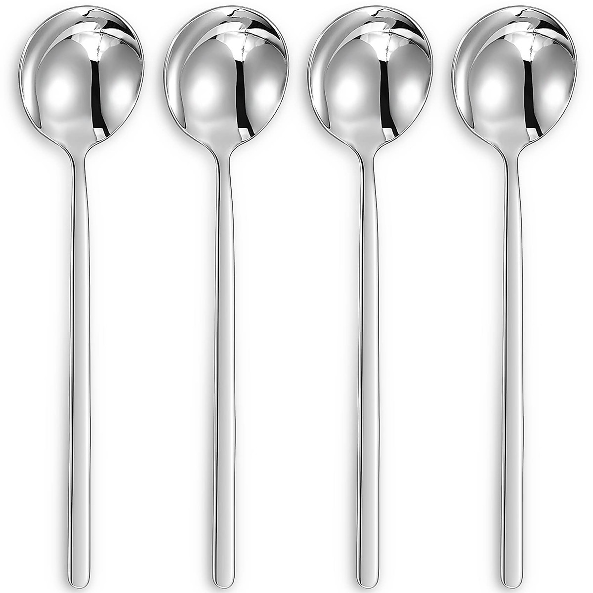 KEAWELL Premium Korean Soup Spoons with Long Handles, Set of 4, 18/10 Stainless Steel, Dishwasher Safe (Plain)