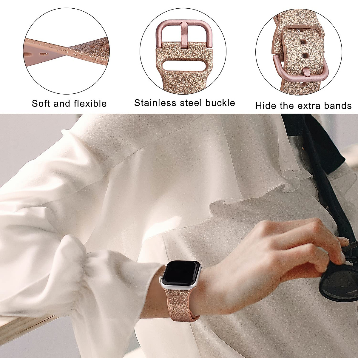 IEOVIEE Compatible with Apple Watch Band 38mm 40mm 41mm, Women Glitter Bling Soft Silicone Sport iWatch Bands Strap Replacement for iWatch Series SE 7 6 5 4 3 2 1, Rose Gold Glitter, 38/40/41mm