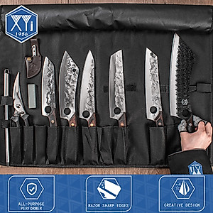Authentic XYJ Since 1986,Camp Cooking Knives Set,High Carbon Steel Slicing Chef Knife With Kitchen Scissors,Carry Bag,Sharpener Rod,Butcher Meat Vegetable Knife,Full Tang,Hammer Finished